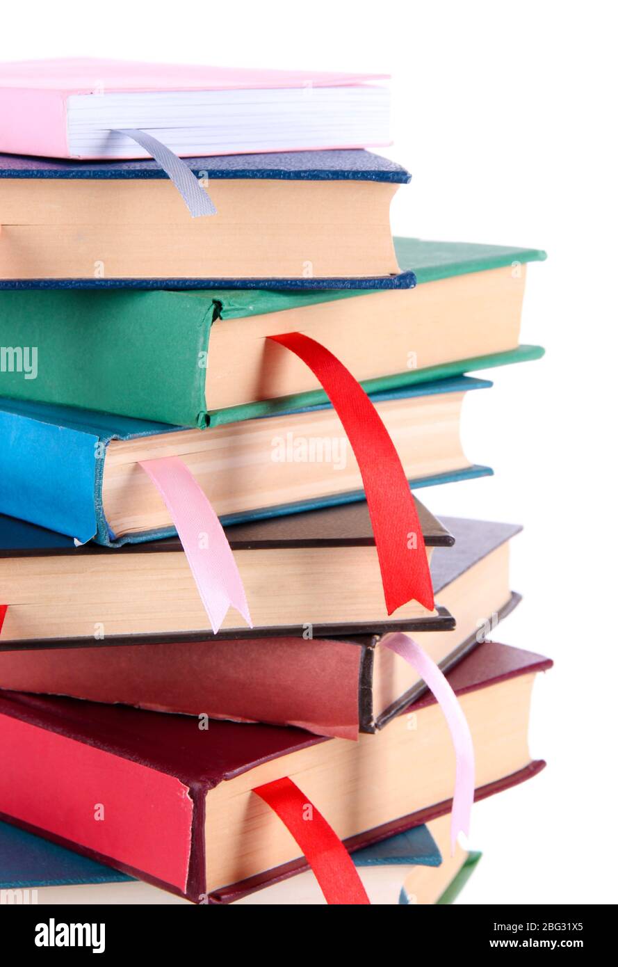 Many books with bookmarks isolated on white Stock Photo - Alamy