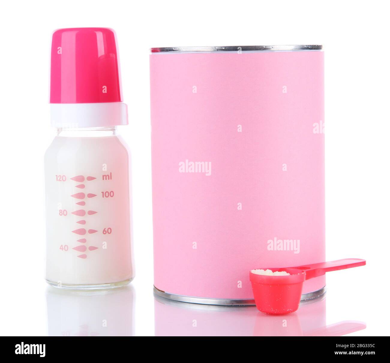 Powdered milk with baby bottle of milk isolated on white Stock Photo ...