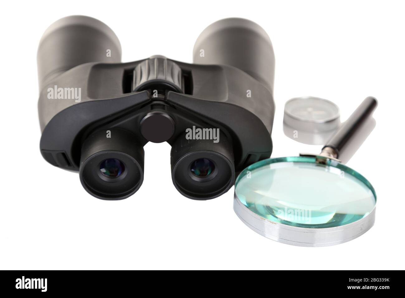 Black modern binoculars with magnifying glass and compass isolated on ...