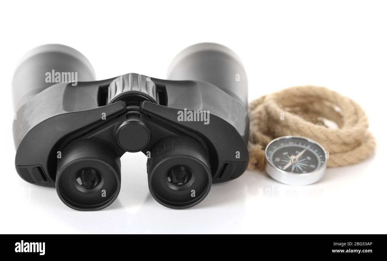 Black modern binoculars with rope and compass isolated on white Stock ...