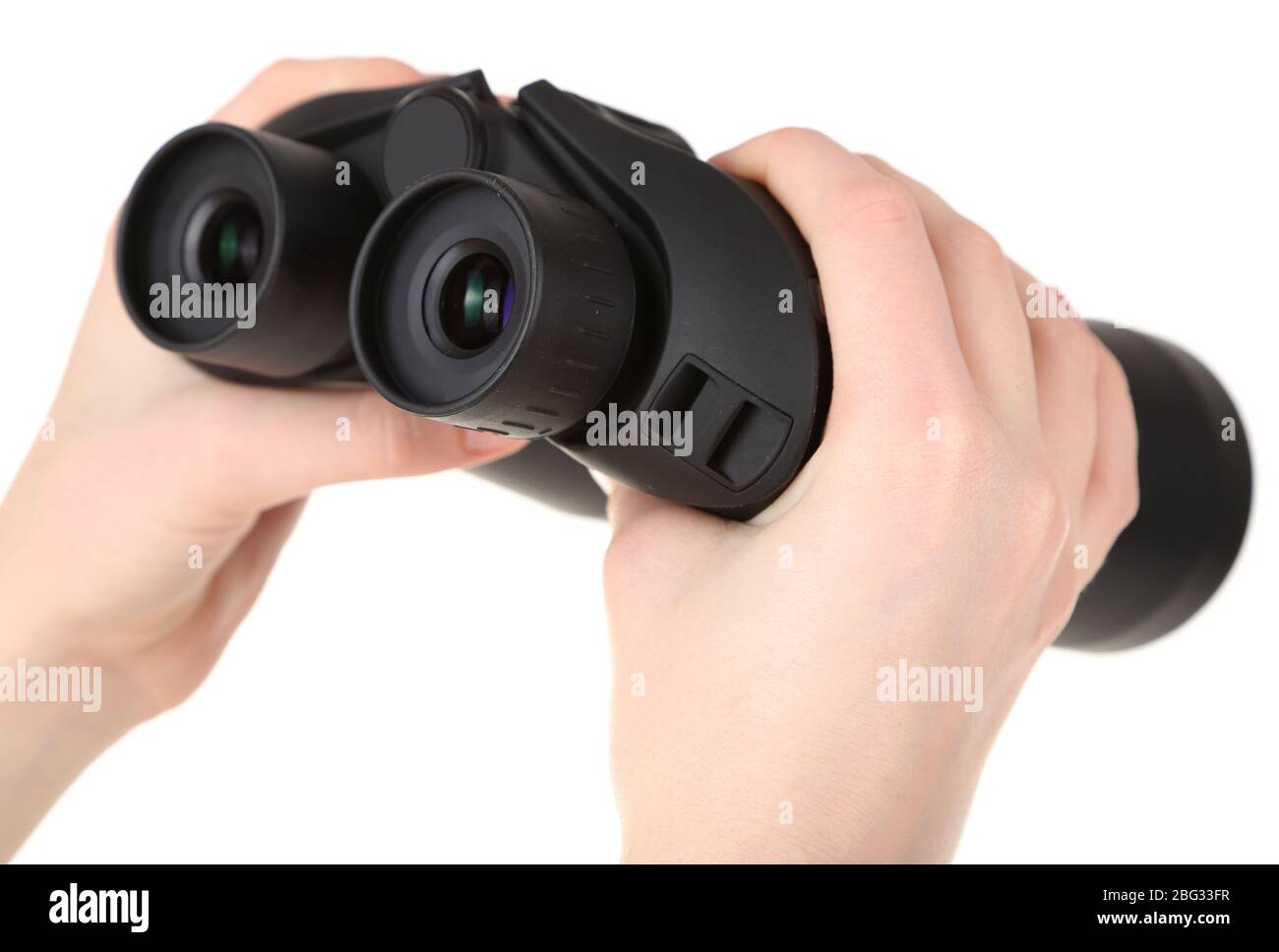 Black modern binoculars in hands isolated on white Stock Photo - Alamy