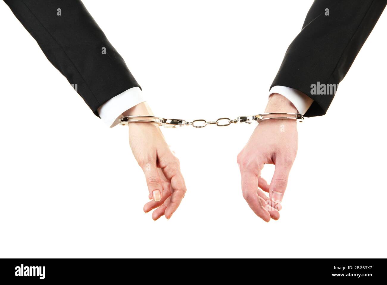 Man and woman hands and breaking handcuffs isolated on white background ...