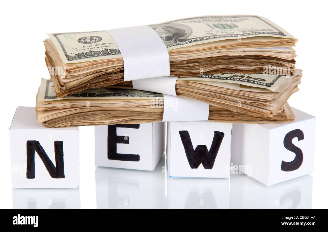 White paper cubes labeled News with money isolated on white Stock Photo ...