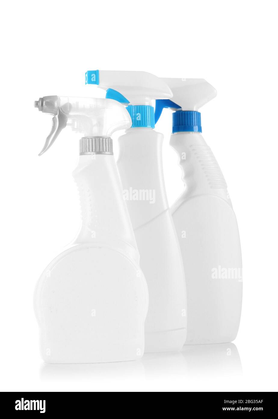 Different kinds of sprays for house cleaning, isolated on white Stock ...