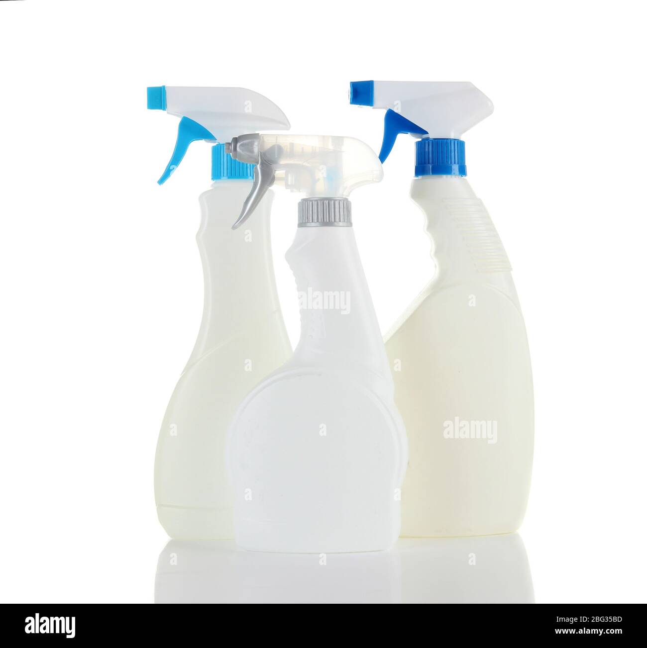 Different kinds of sprays for house cleaning, isolated on white Stock ...