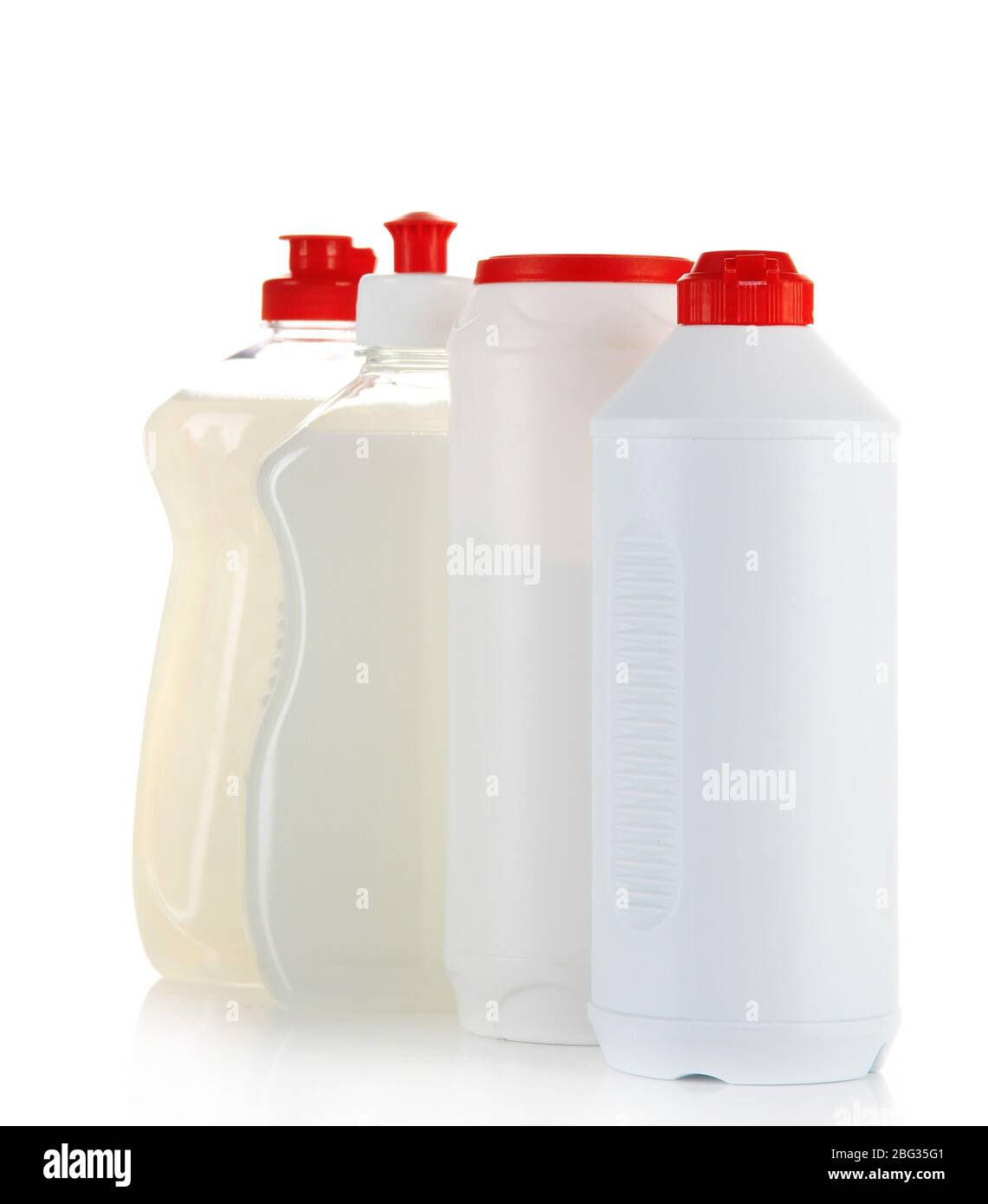 Bottles of dishwashing liquid and kitchen cleaner, isolated on white ...
