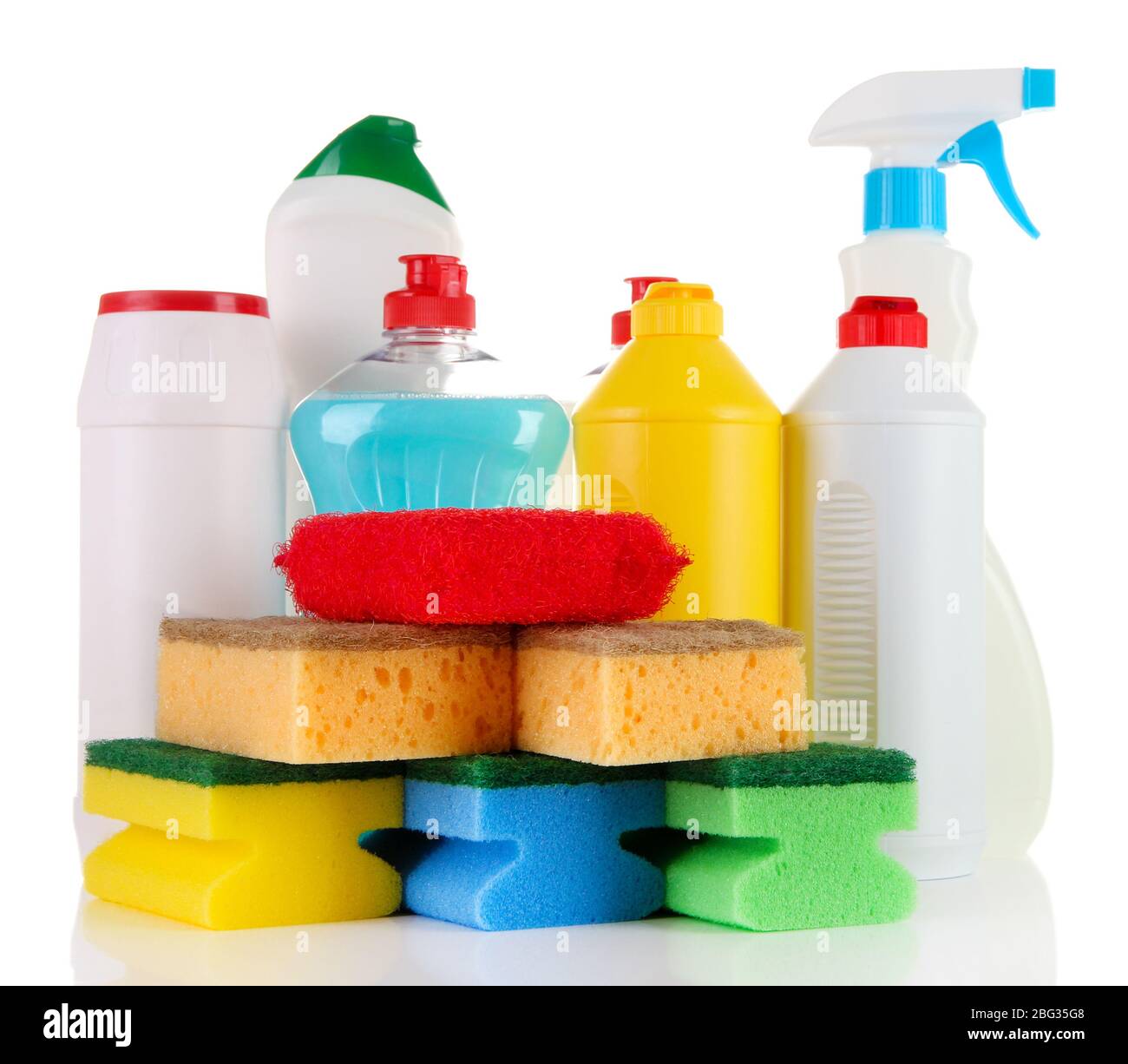 Different kinds of kitchen cleaners and colorful sponges, isolated on ...