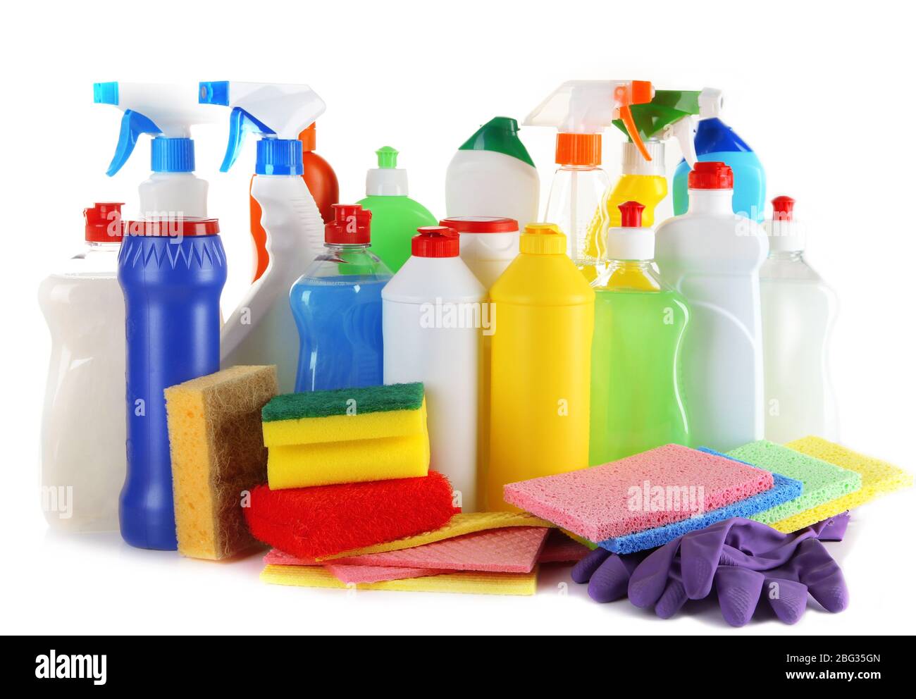 Different kinds of house cleaners and colorful sponges, gloves isolated ...