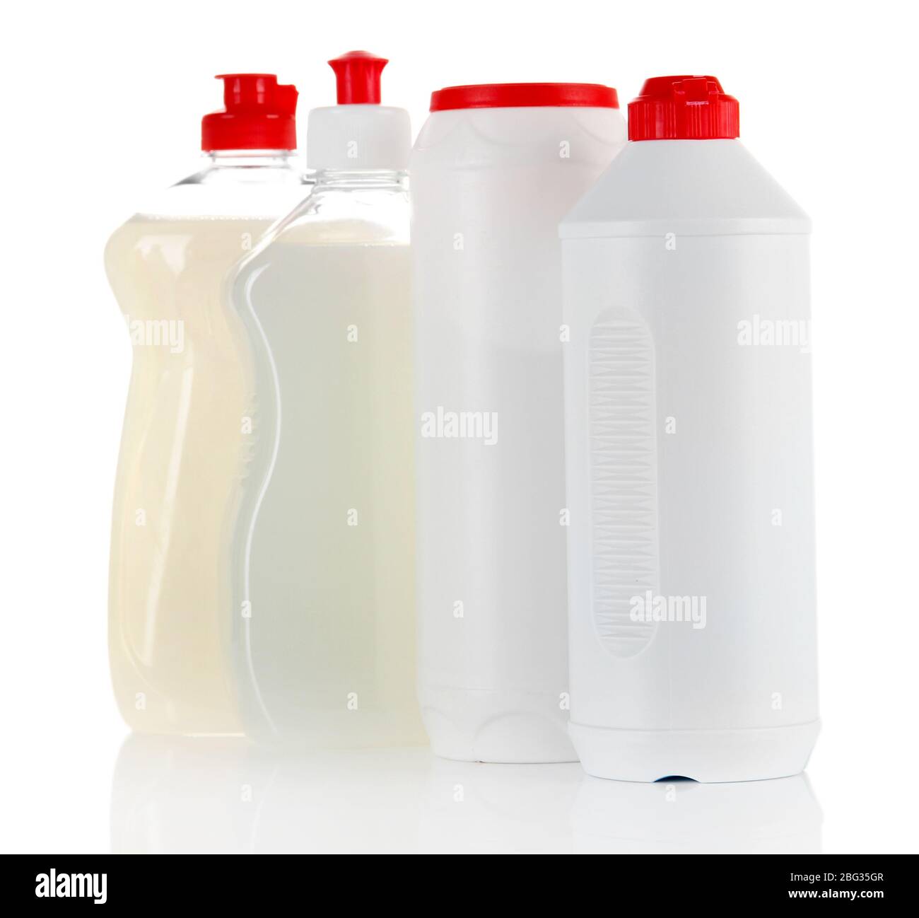 Bottles of dishwashing liquid and kitchen cleaner, isolated on white ...