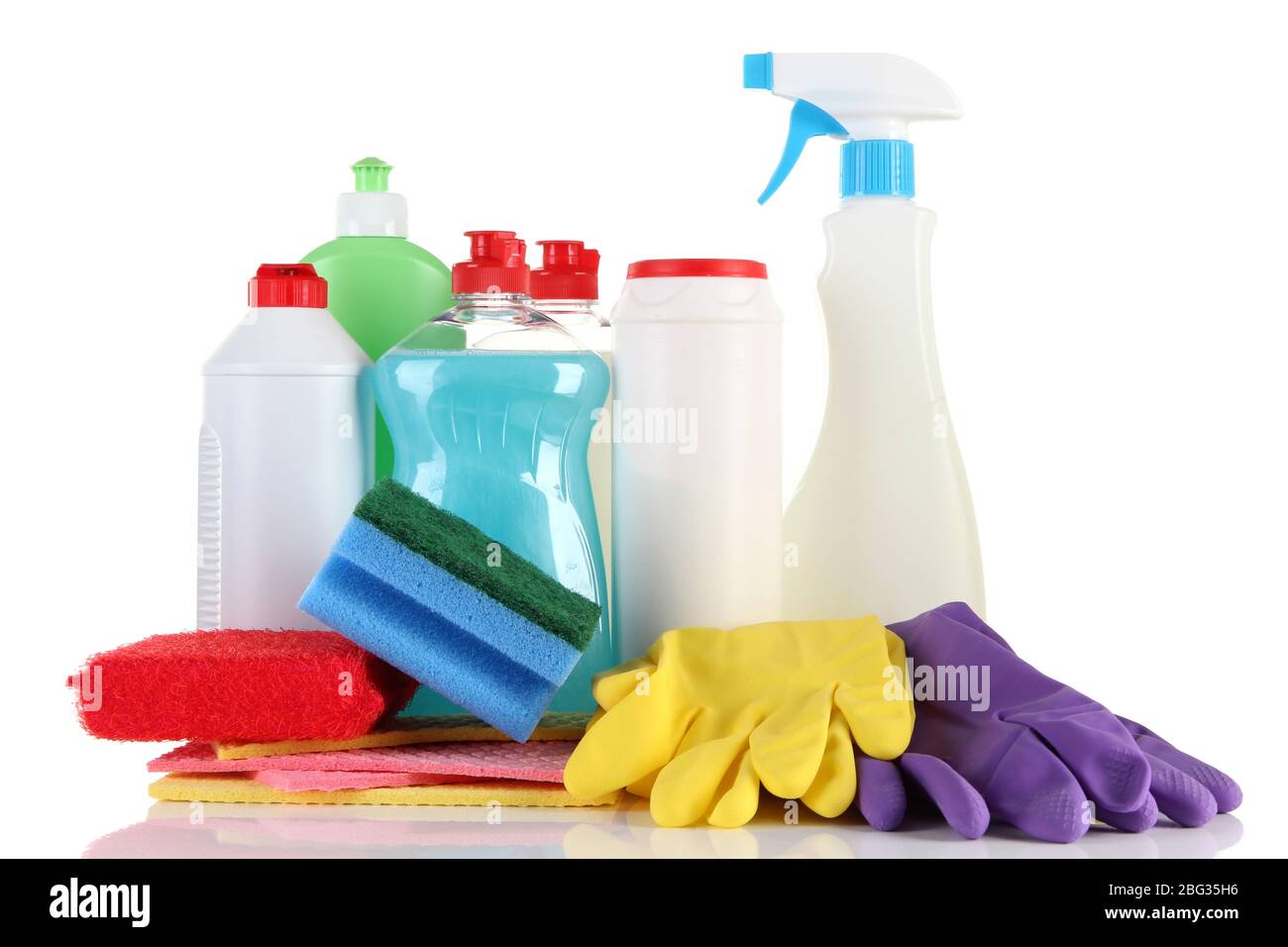 Bottles of dishwashing liquid and kitchen cleaners, isolated on white ...