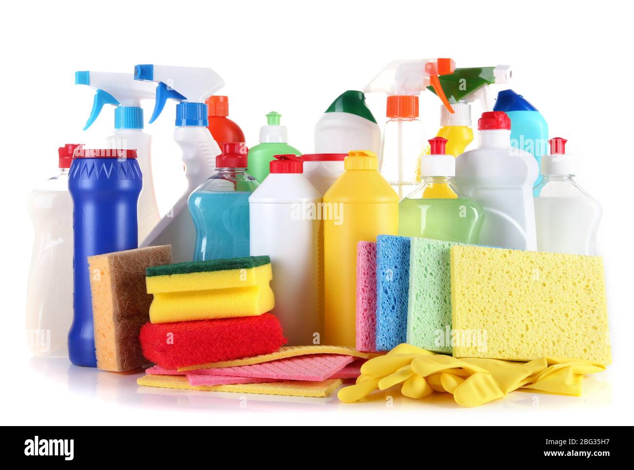 Different kinds of house cleaners and colorful sponges, gloves isolated ...