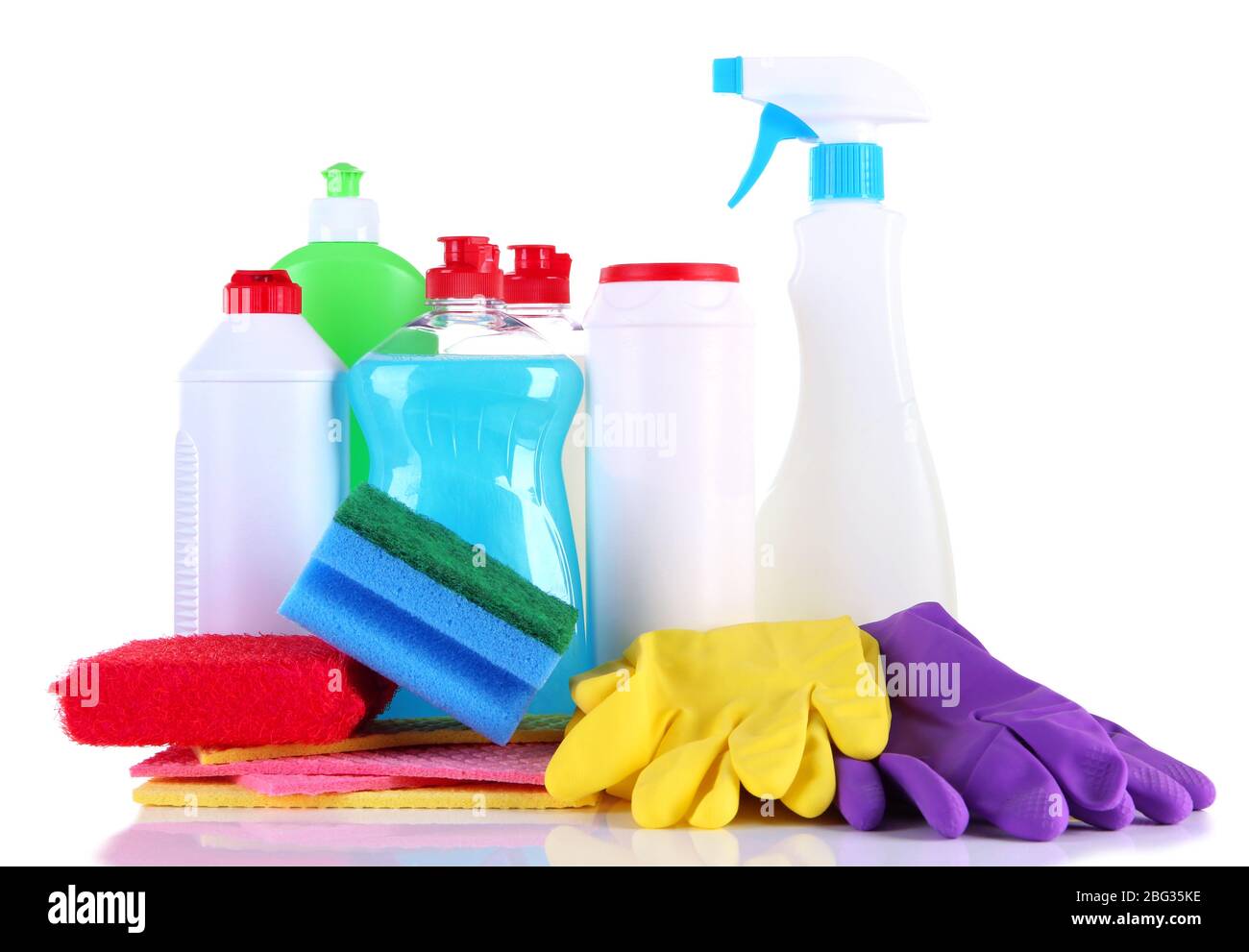 Bottles of dishwashing liquid and kitchen cleaners, isolated on white ...