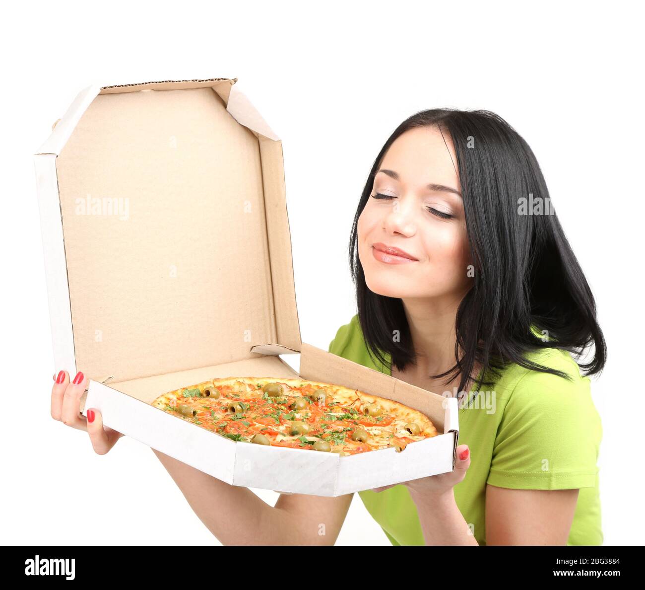 Beautiful girl with delicious pizza in pizza box isolated on white ...