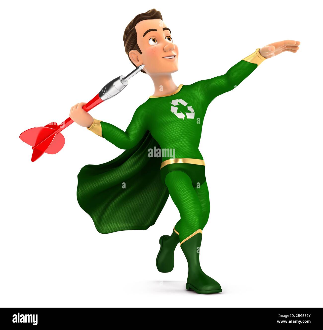 3d green hero throwing dart, illustration with isolated white ...