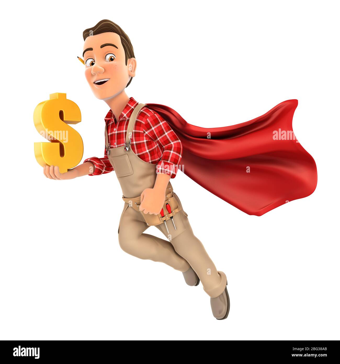 3d handyman flying and holding gold dollar sign, illustration with ...