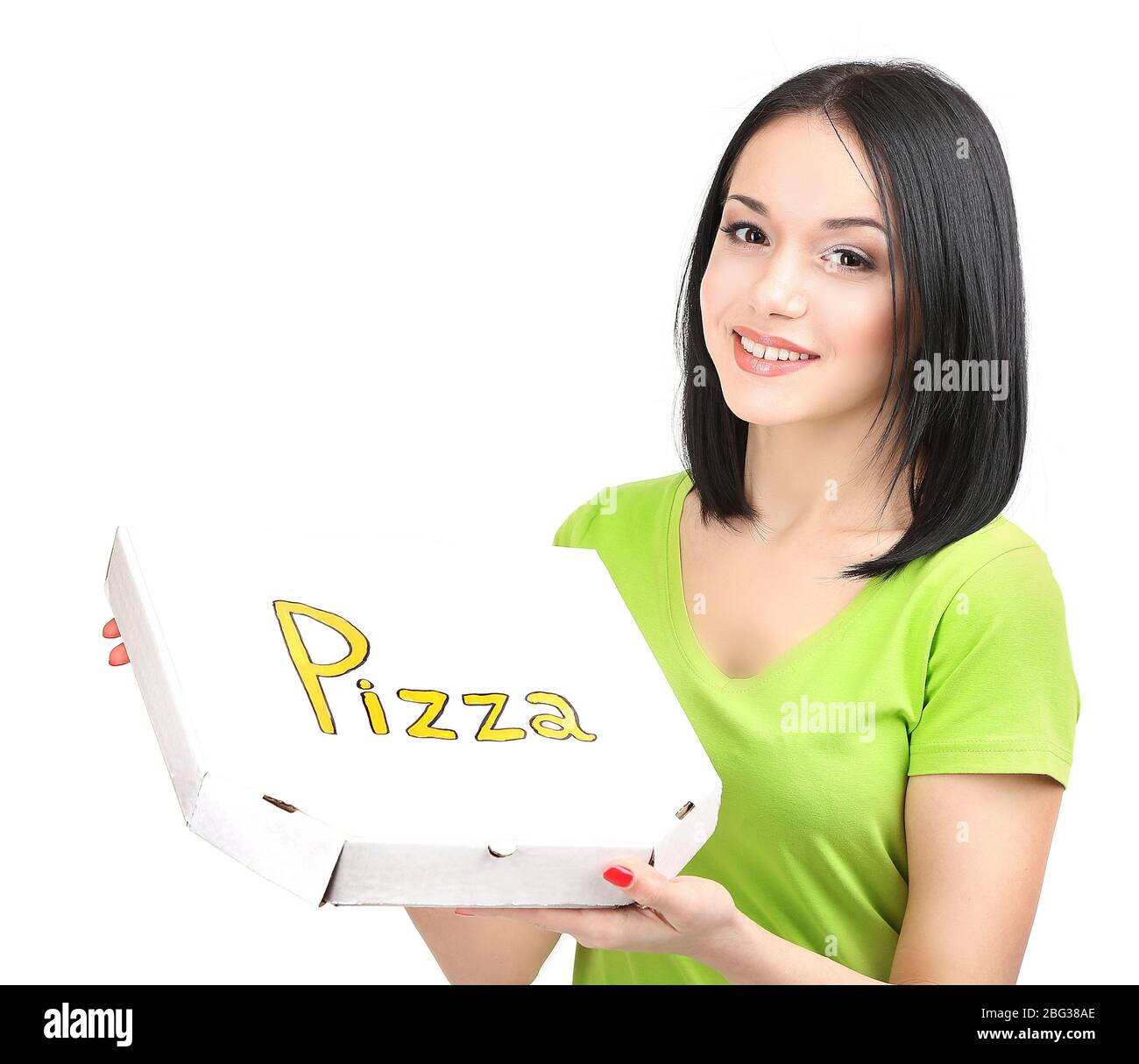 Beautiful girl with pizza in pizza box isolated on white Stock Photo ...