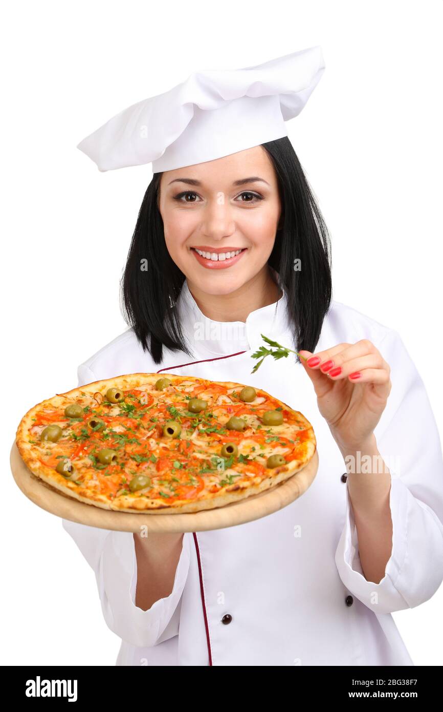 Beautiful girl chief-cooker with pizza isolated on white Stock Photo ...