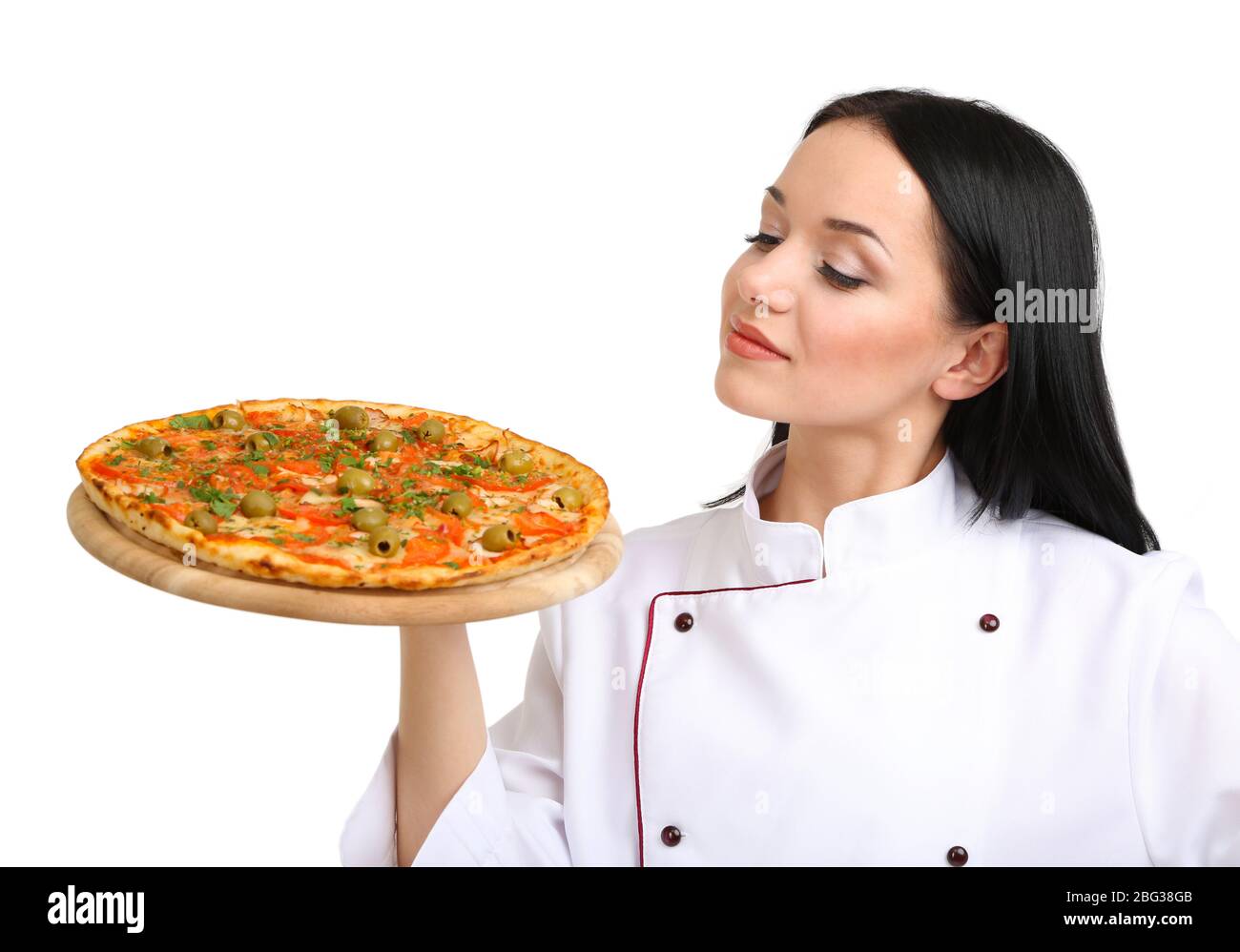 Beautiful girl chief-cooker with pizza isolated on white Stock Photo ...