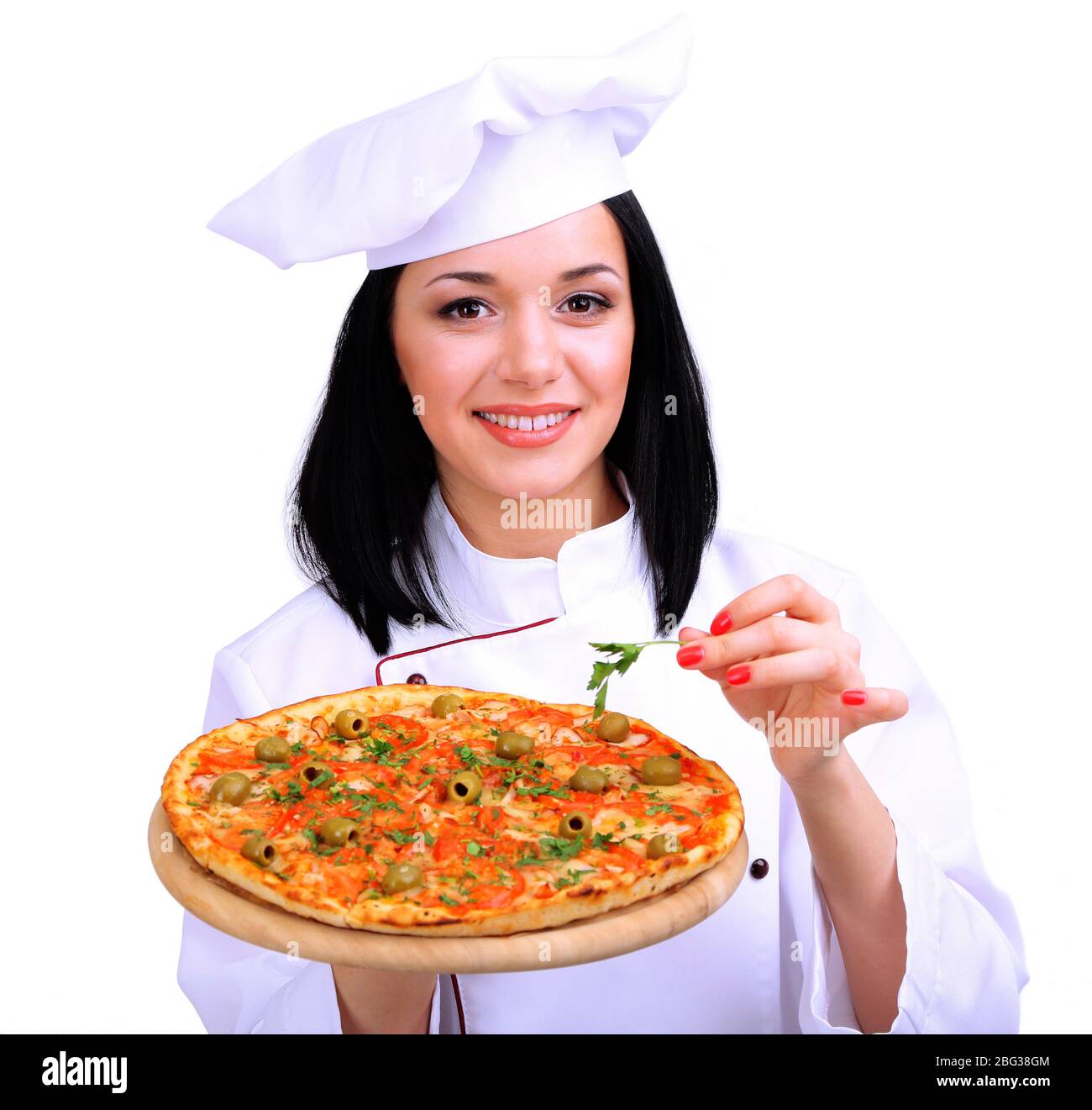 Beautiful girl chief-cooker with pizza isolated on white Stock Photo ...