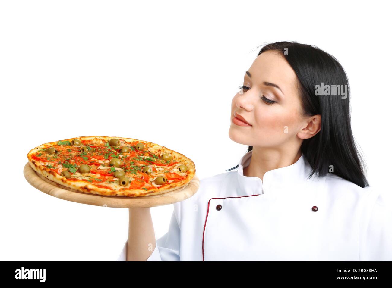 Beautiful girl chief-cooker with pizza isolated on white Stock Photo ...