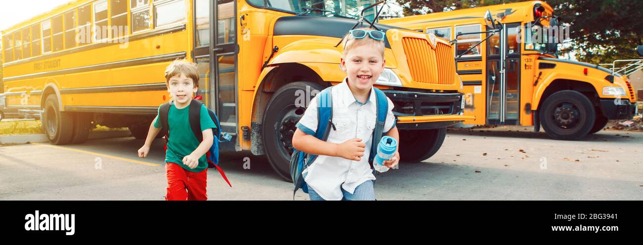 Children running school bus hi-res stock photography and images - Alamy
