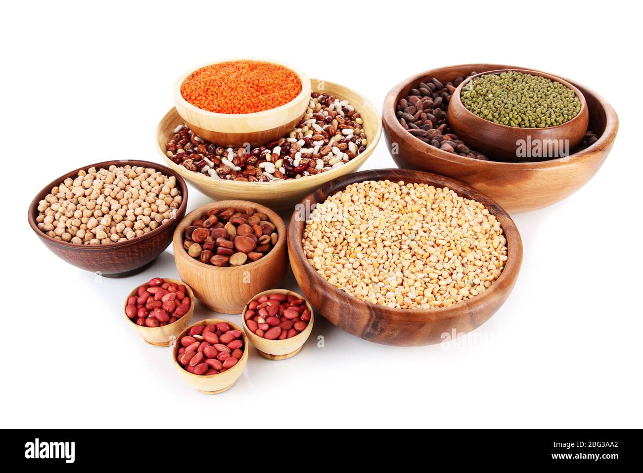 Different kinds of beans in bowls isolated on white Stock Photo - Alamy