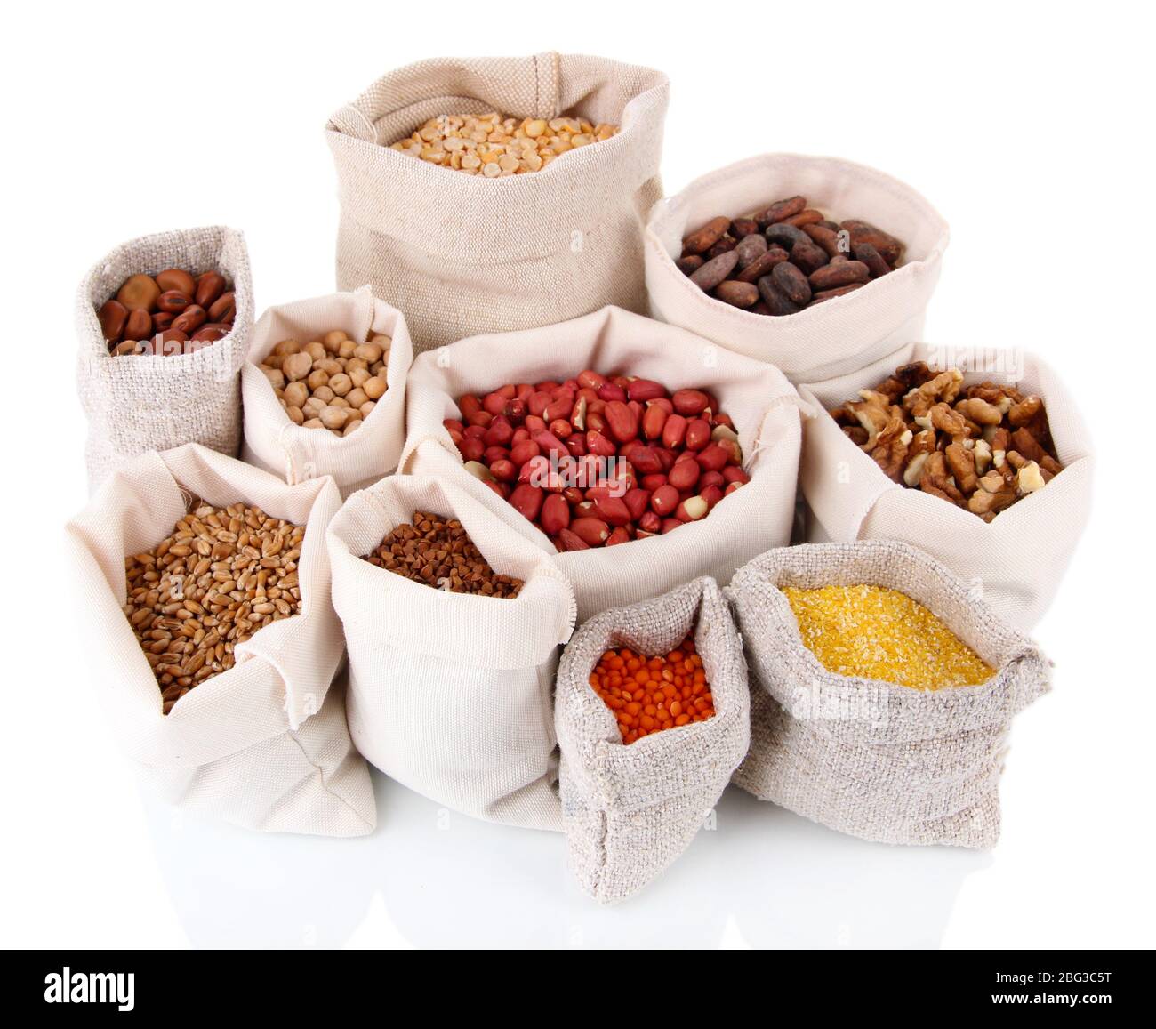 Different kinds of beans in sacks isolated on white Stock Photo - Alamy