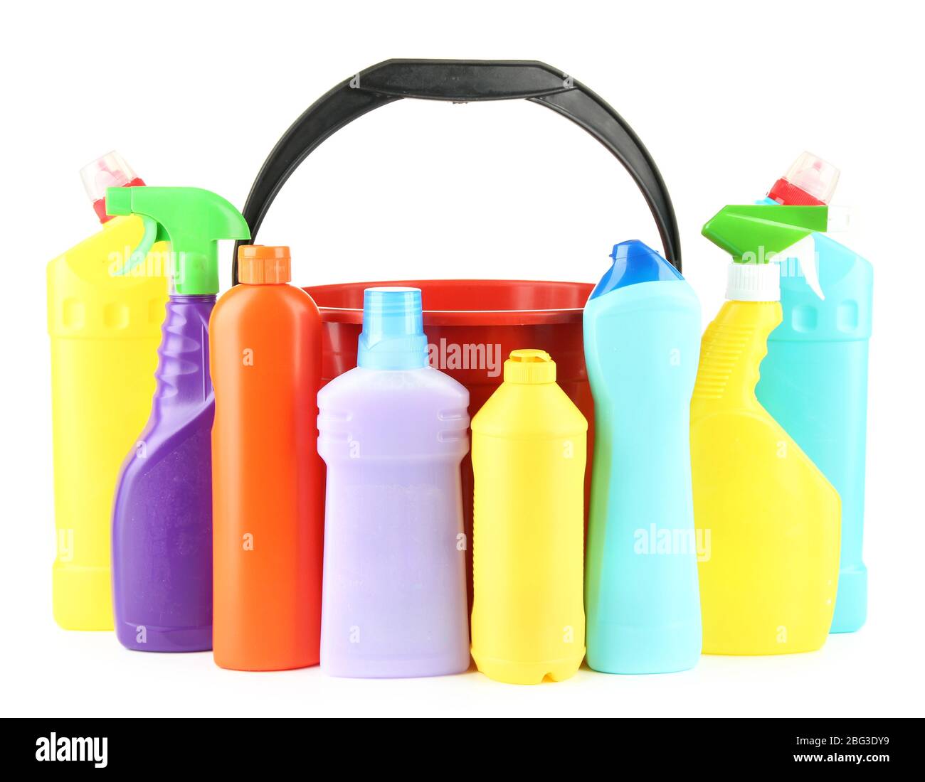 Colorful plastic detergent bottles with bucket, isolated on white Stock ...