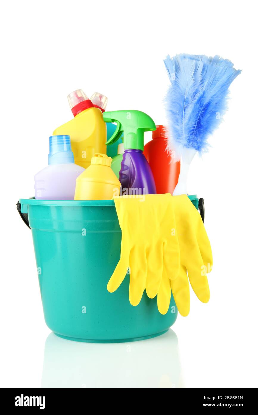 Cleaning items in bucket isolated on white Stock Photo - Alamy