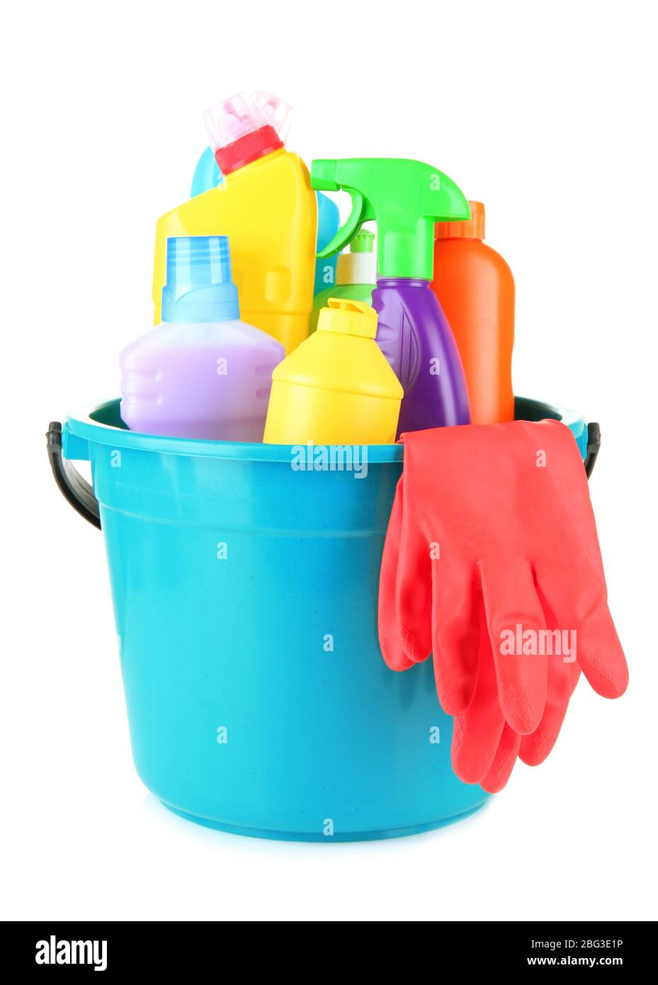 Cleaning items in bucket isolated on white Stock Photo - Alamy