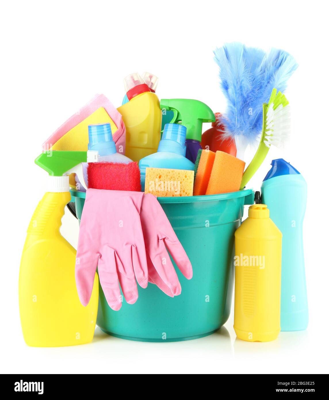 Cleaning items in bucket isolated on white Stock Photo - Alamy