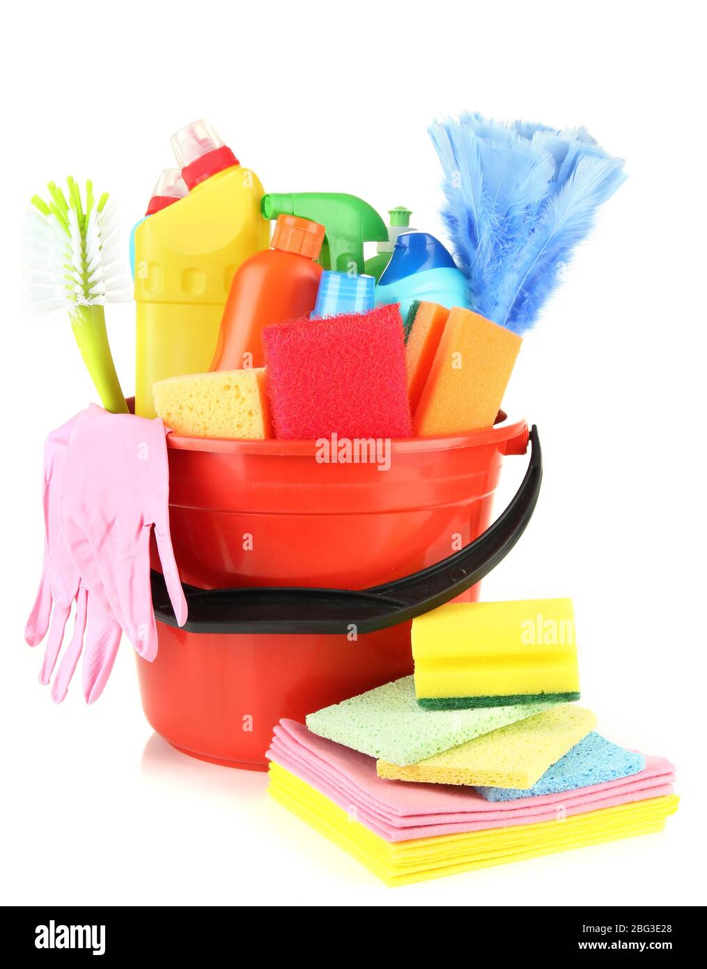 Cleaning items in bucket isolated on white Stock Photo - Alamy