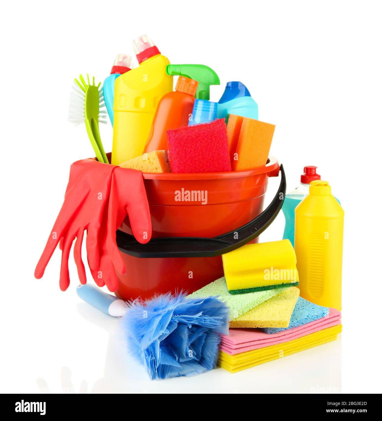 Cleaning items in bucket isolated on white Stock Photo - Alamy