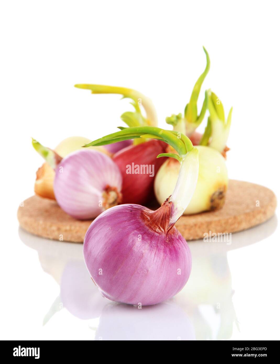 Sprouting onions on board isolated on white Stock Photo - Alamy