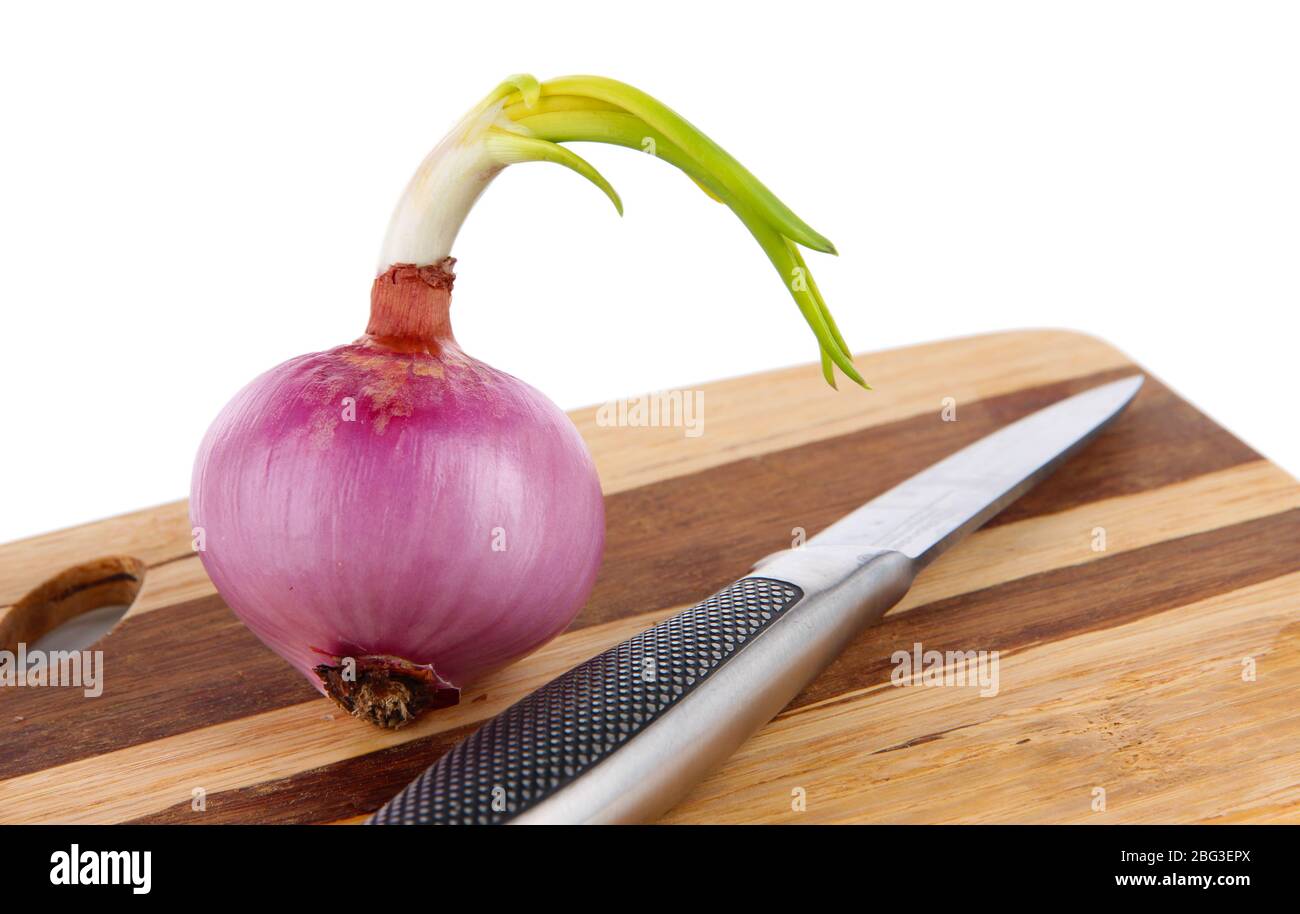 Sprouting onions on board isolated on white Stock Photo - Alamy