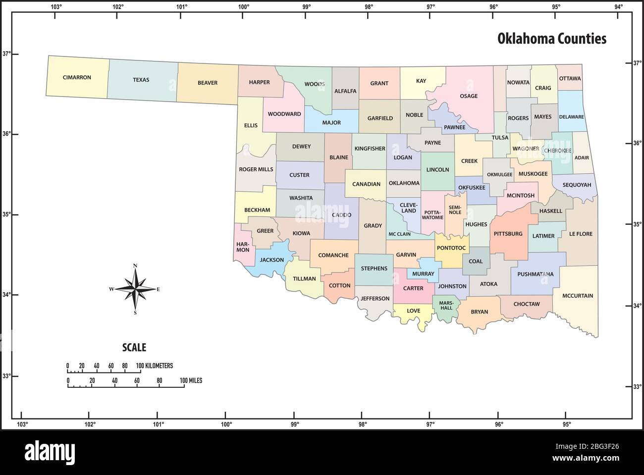 oklahoma state outline administrative and political vector map in color ...