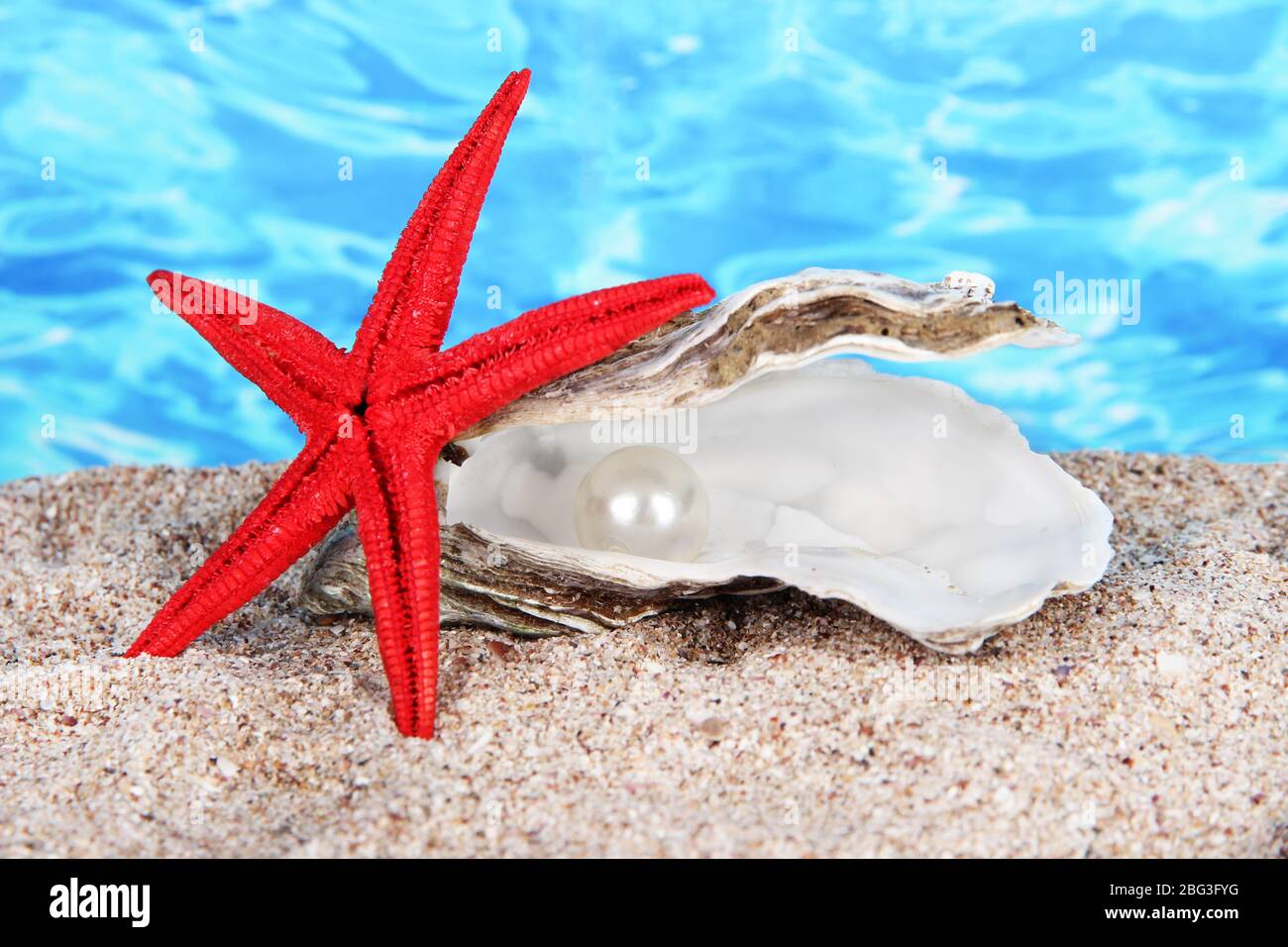 Open oyster with pearl on sand on water background Stock Photo - Alamy
