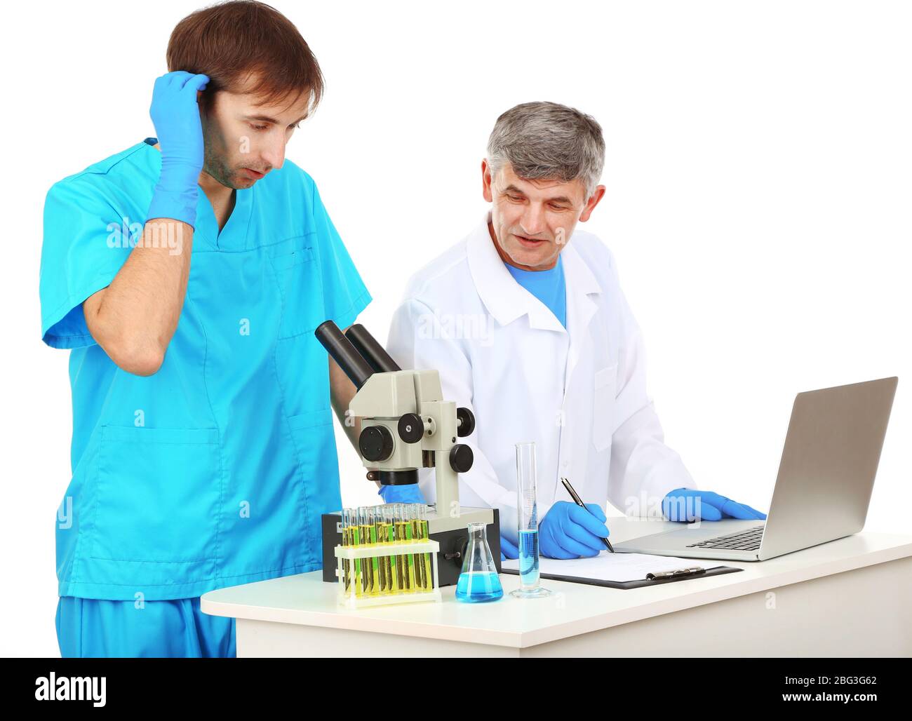 Physician and assayer during research isolated on white Stock Photo - Alamy