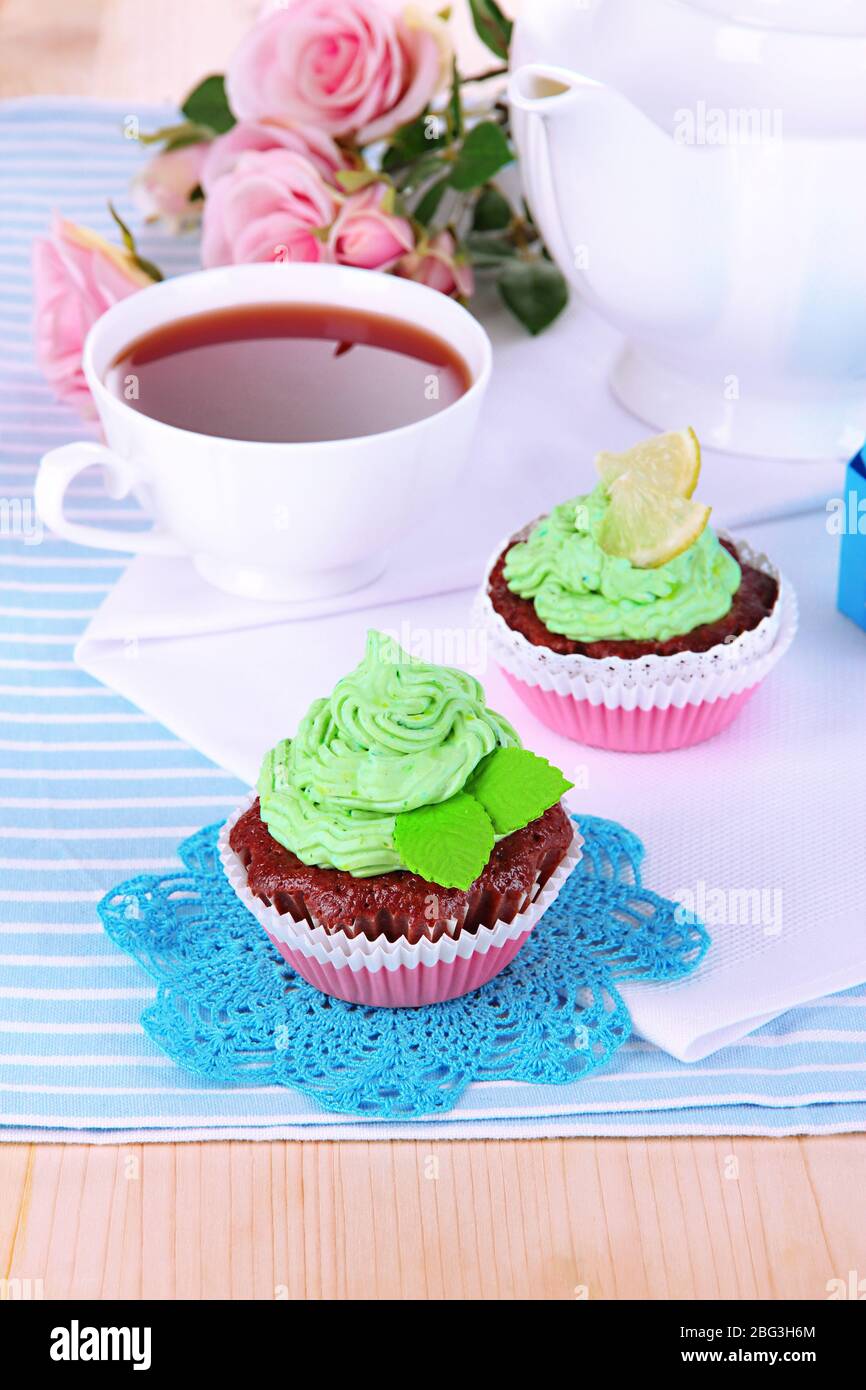 Beautiful cupcakes on dining table close-up Stock Photo - Alamy
