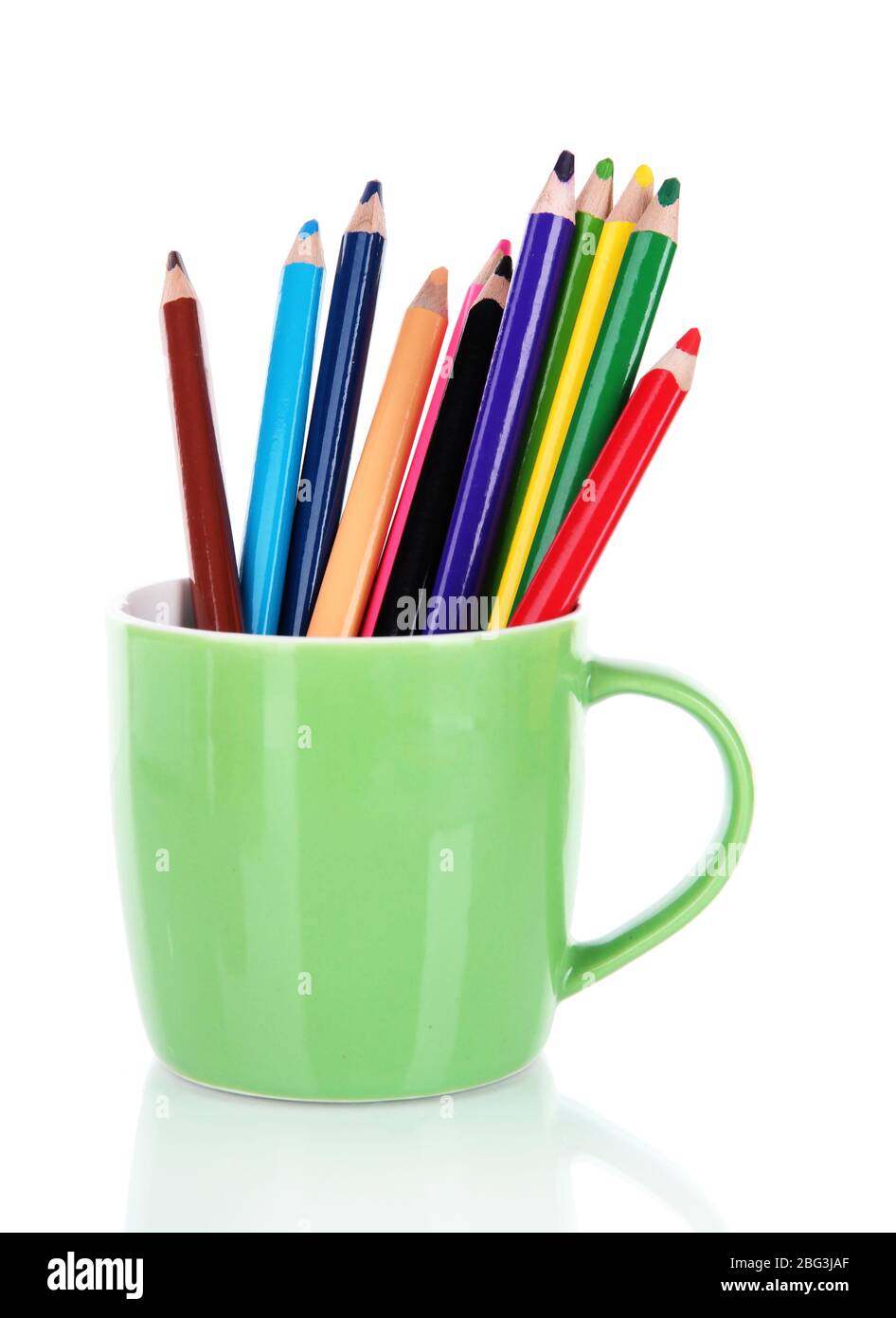Colorful pencils in cup isolated on white Stock Photo - Alamy