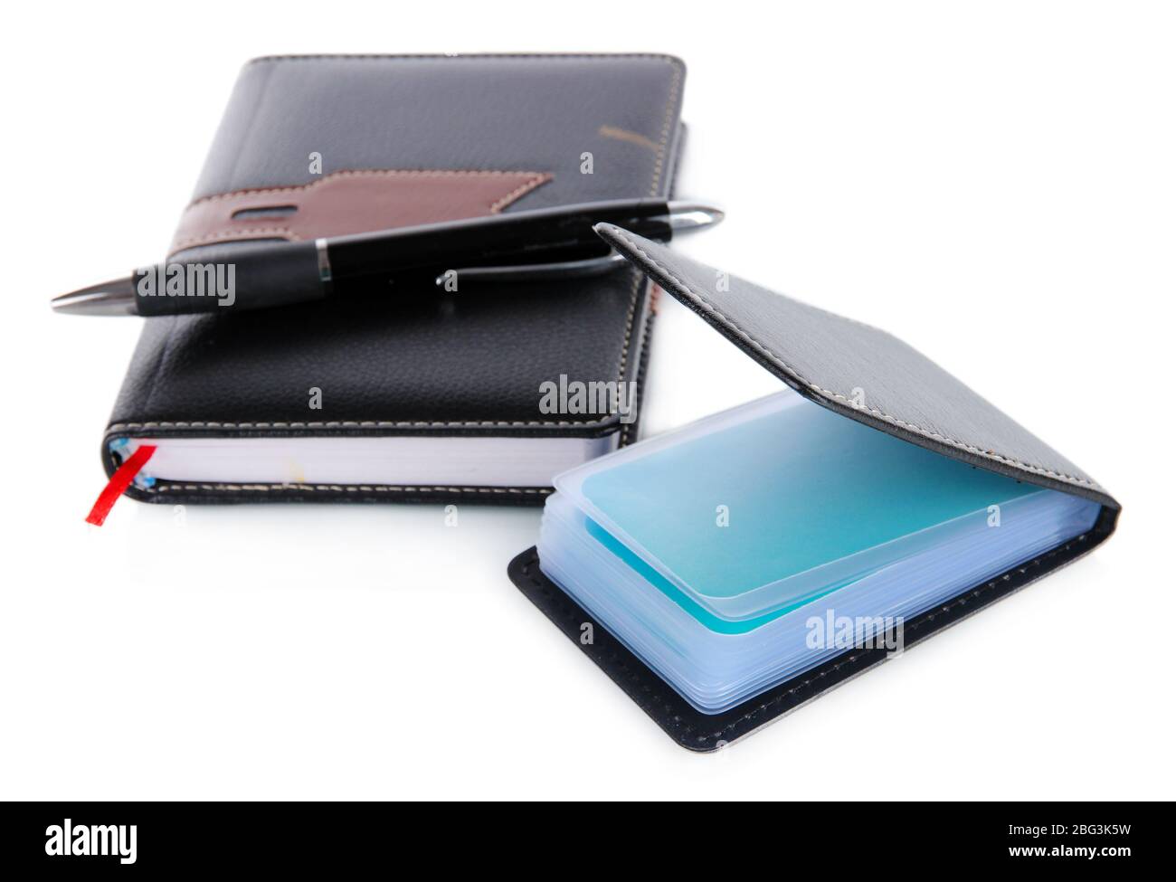 Black business card holder notebook and pen close-up Stock Photo - Alamy