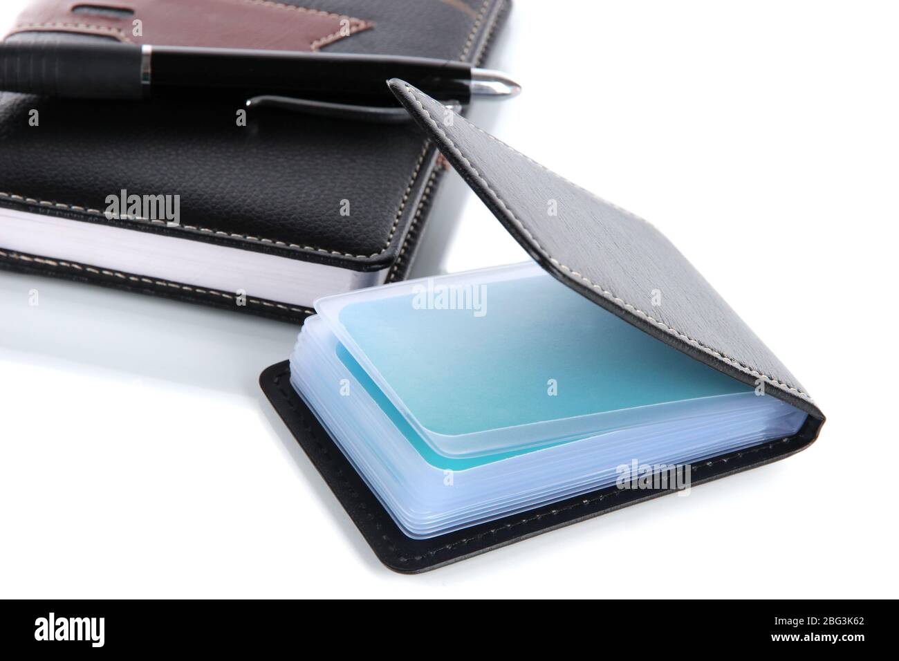 Black business card holder notebook and pen isolated on white Stock ...
