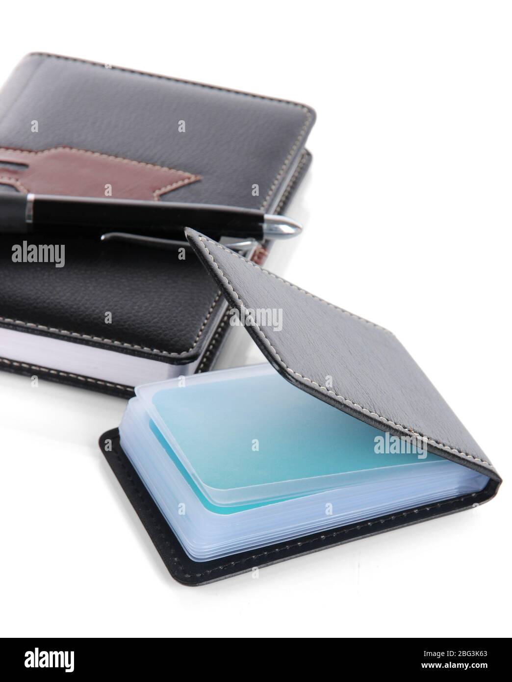 Black business card holder notebook and pen close-up Stock Photo - Alamy