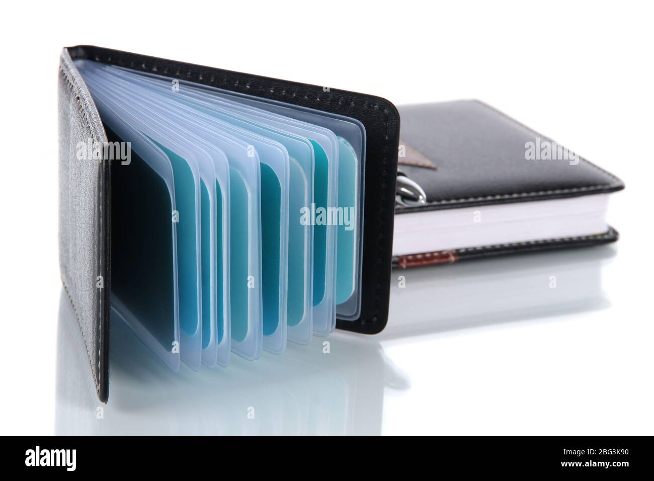 Black business card holder notebook and pen isolated on white Stock ...