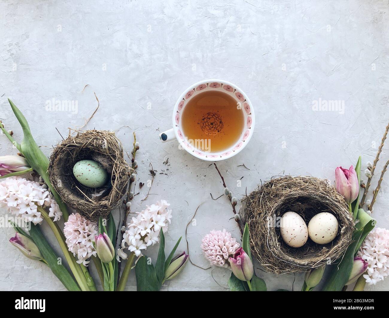 Easter eggs in nests with flowers and tea Stock Photo - Alamy