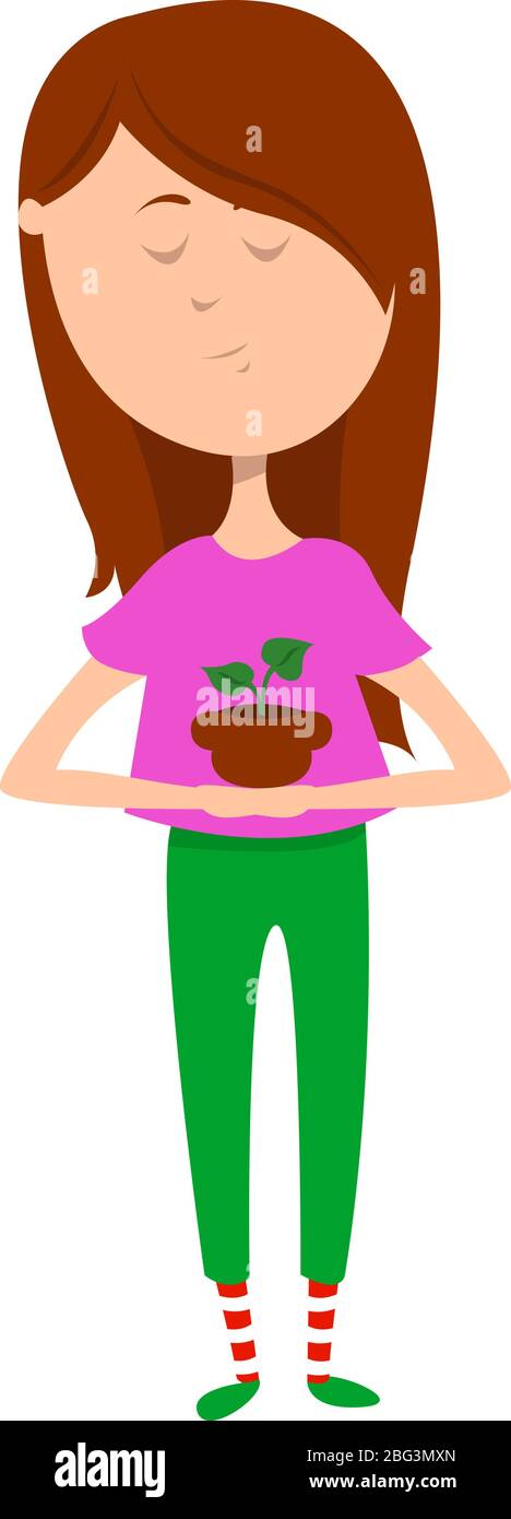 Girl with plant in hand, illustration, vector on white background Stock ...