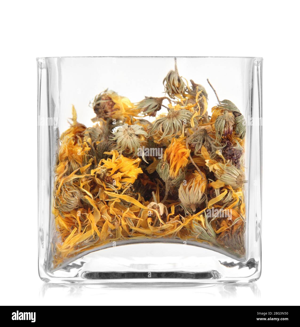 Dried herb in glass container isolated on white Stock Photo - Alamy