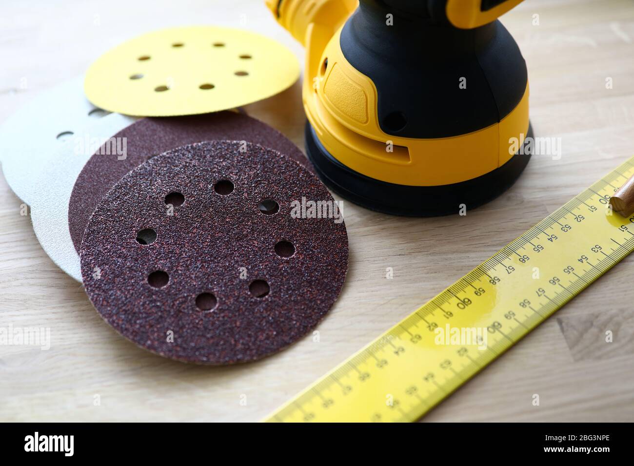 Carpenters electrical tool on desk Stock Photo - Alamy