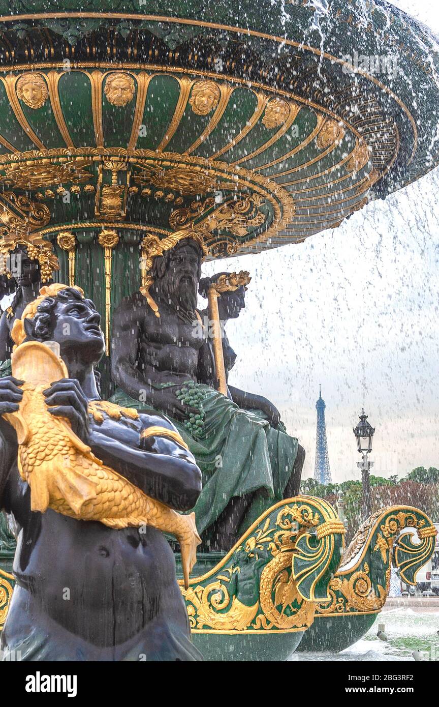 Detail of one of Paris' famous fountains, the gilded Fontaine des Mers ...