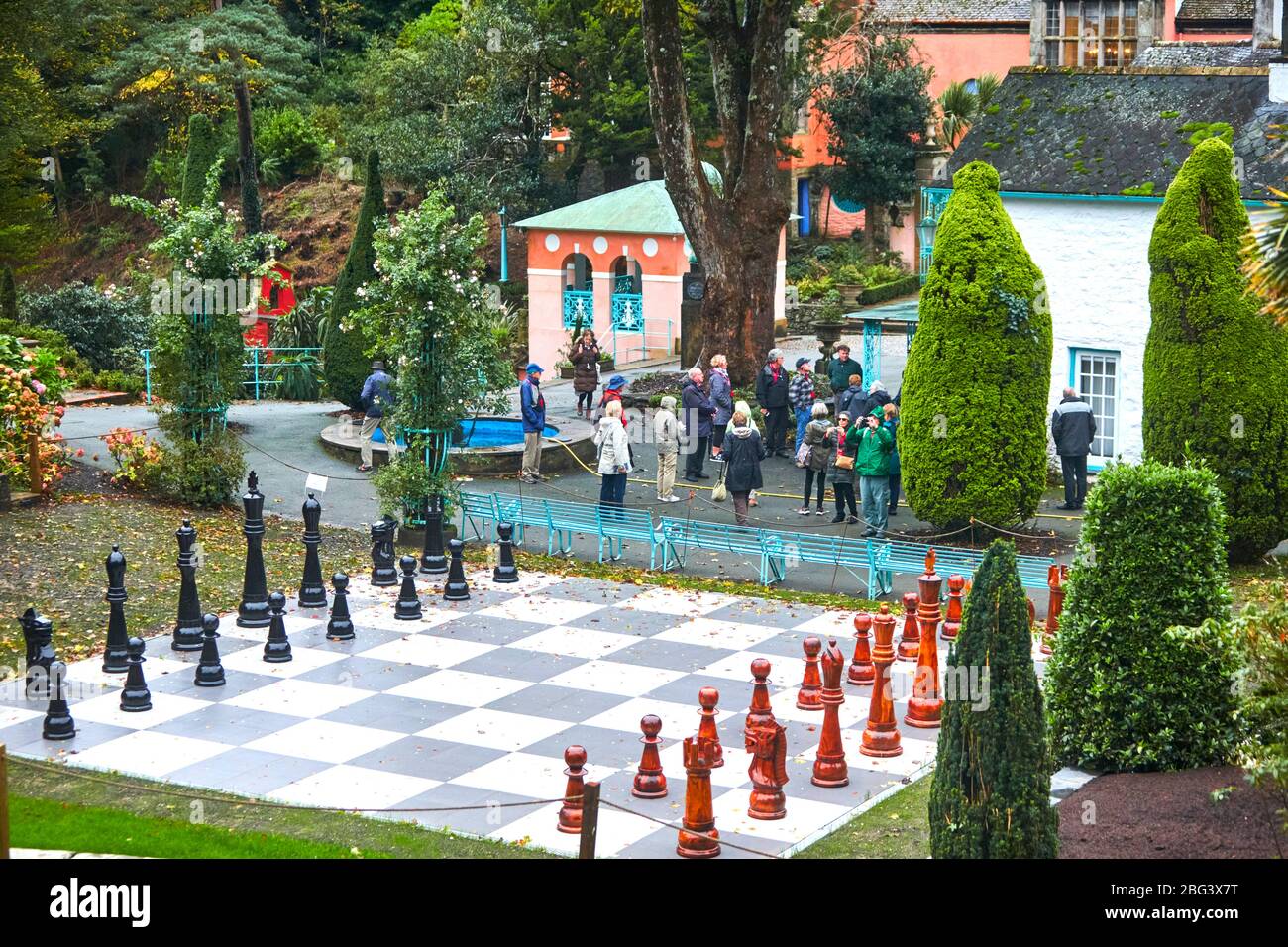 A giant chess set at Portmeirion tourist village in Gwynedd, North ...